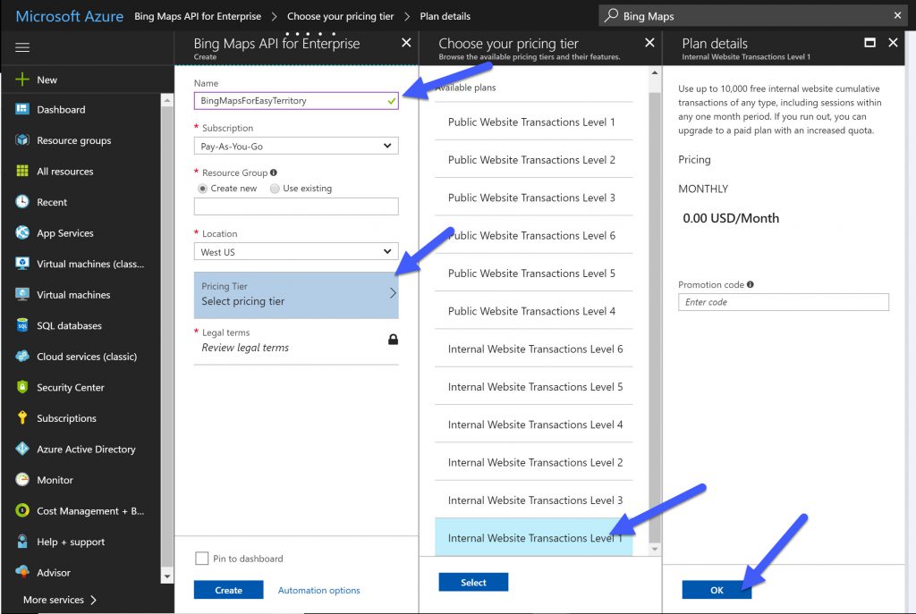 Get a Bing Maps Key from Azure Portal | EasyTerritory